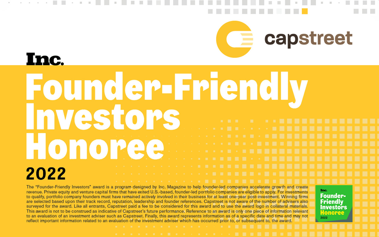 Capstreet Named to Inc.'s 2022 Founder-Friendly Investor List - Capstreet